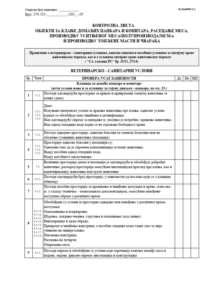 Kontrolna lista - Klanice, Rasecanje, MSM i Topljenje masti papkara (VS i Posebni uslovi 25-11 ...