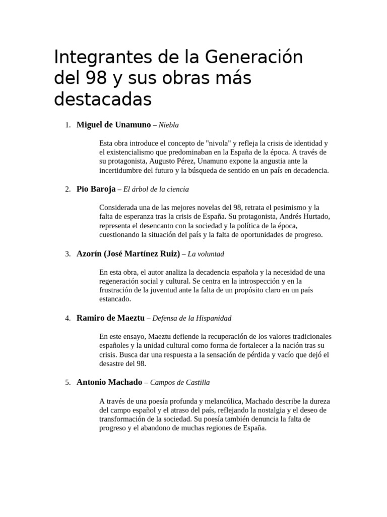 Obras clave de la Generación del 98 | PDF