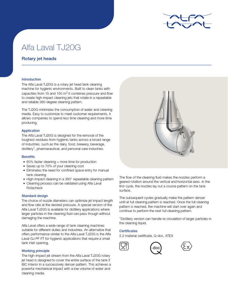 Alfa Laval TJ20G Rotary Jet Head Overview | PDF | Liquids | Density