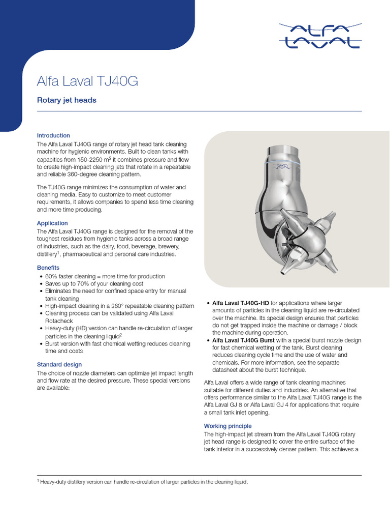 Alfa Laval TJ40G Rotary Jet Head Overview | PDF | Pressure | Liquids