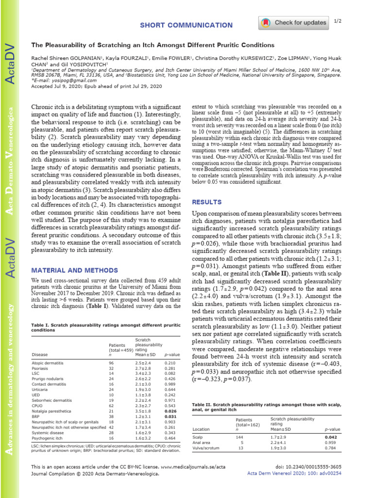 Scratch Pleasurability in Chronic Itch | PDF | Dermatitis | Diseases ...