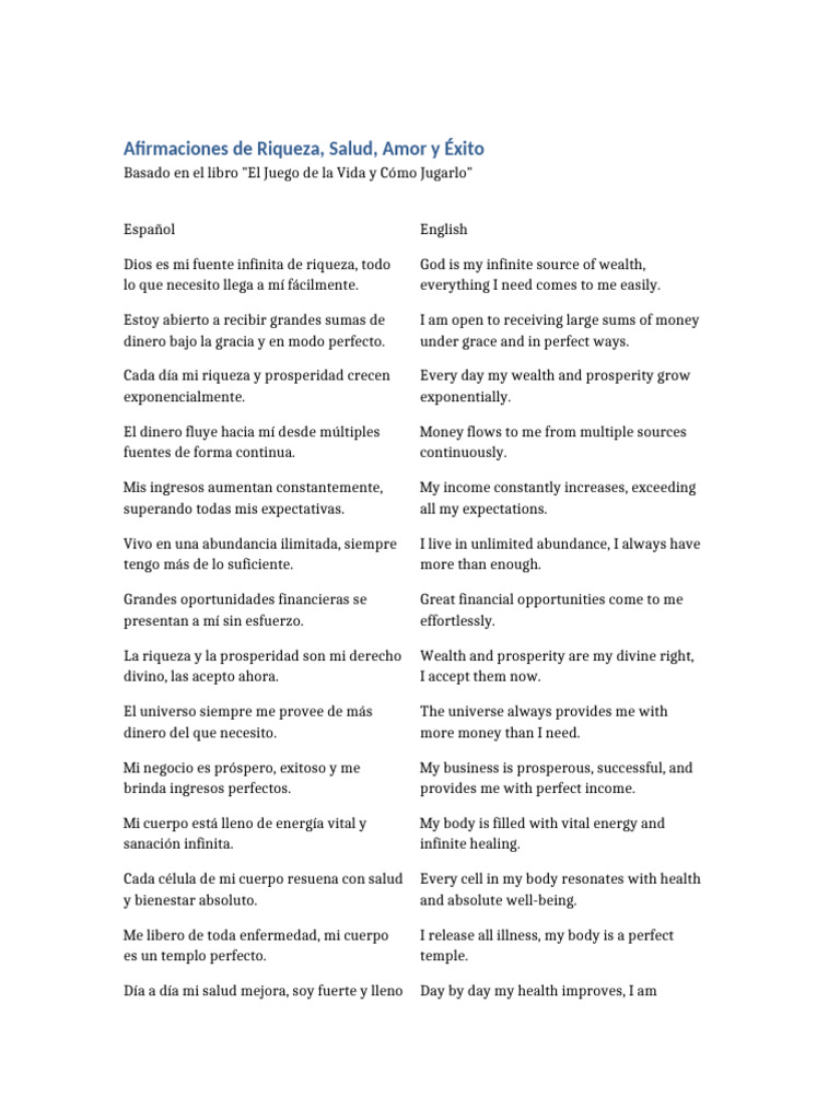 Afirmaciones Riqueza Salud Amor Exito | PDF
