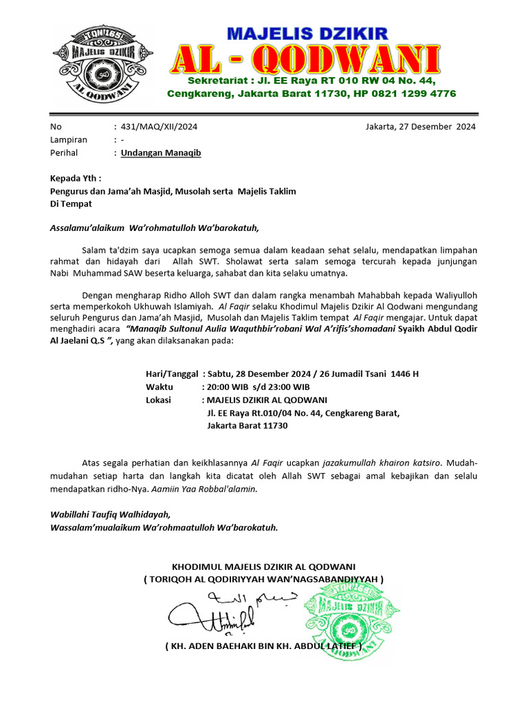 Surat Undangan 2 Manaqib 2024 | PDF