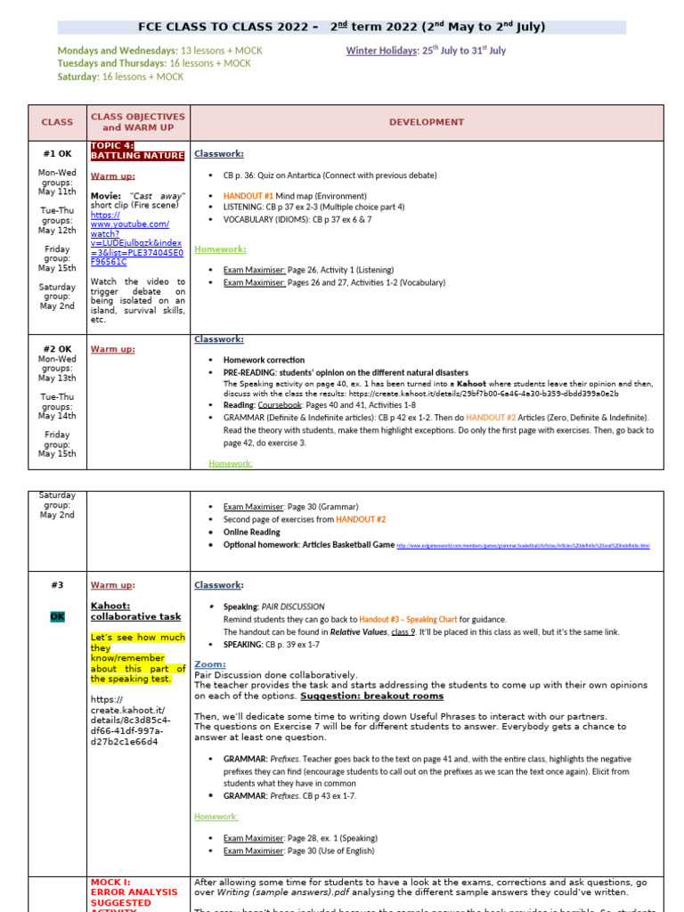 00 - Class To Class FCE 2023 - 2nd Term | PDF | Grammar | Languages