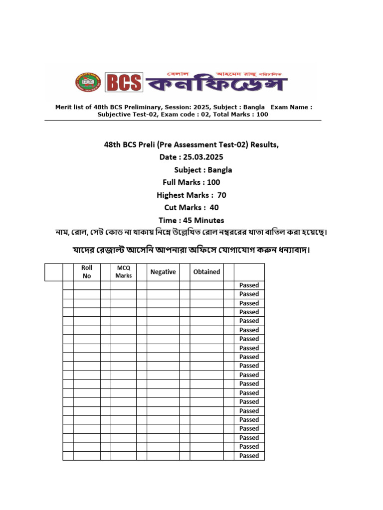48th BCS Preli ST - 2 Results | PDF | Student Assessment And Evaluation ...
