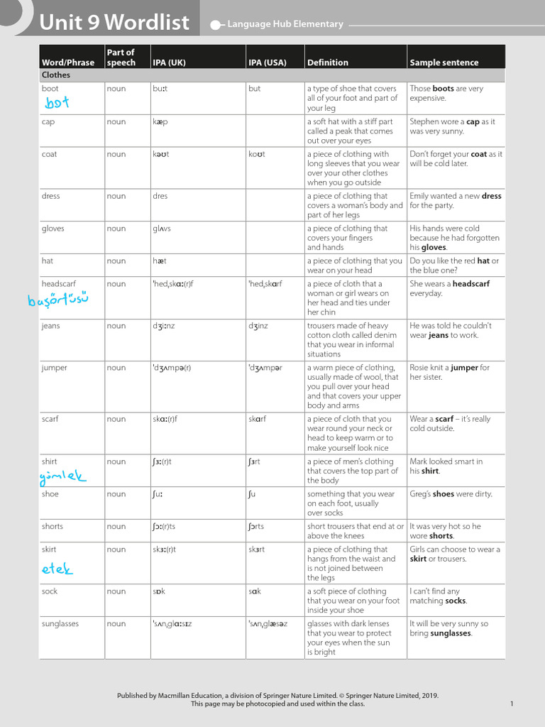 LH Elementary Wordlist U9 | PDF | Clothing | Sock