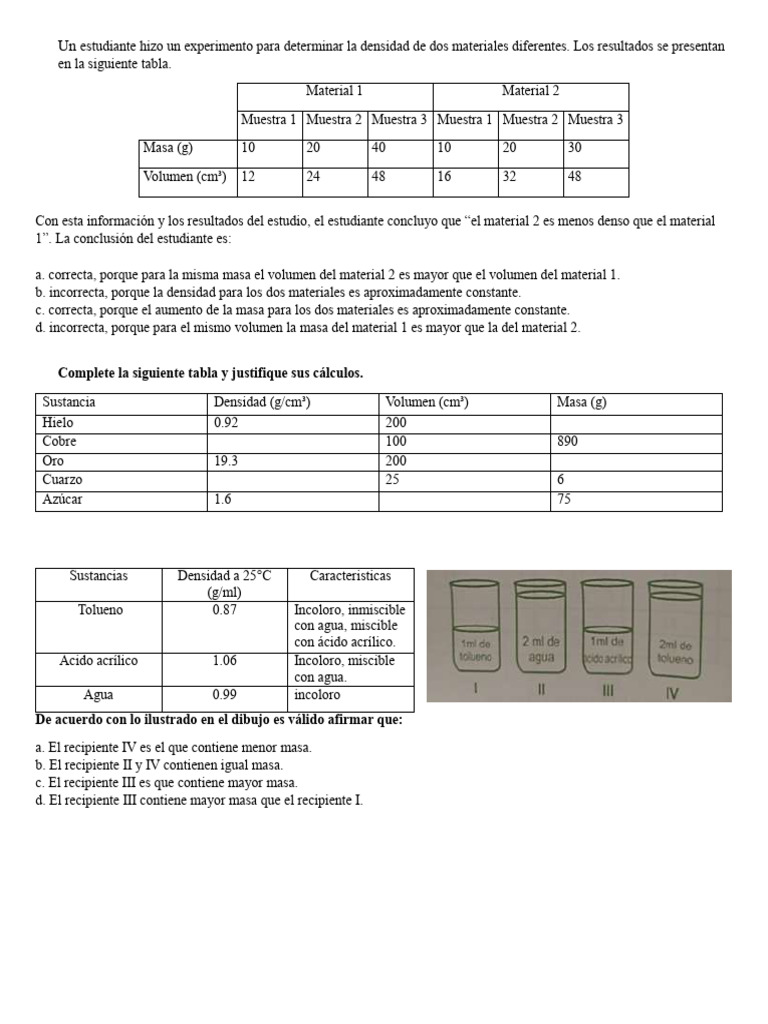 Ejercicios de Repaso de Densidad Grado Décimo | PDF | Densidad | Volumen