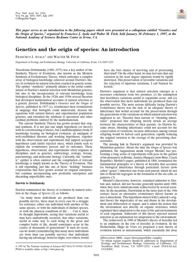 Ayala Fitch 1997 Genetics and The Origin of Species An Introduction ...