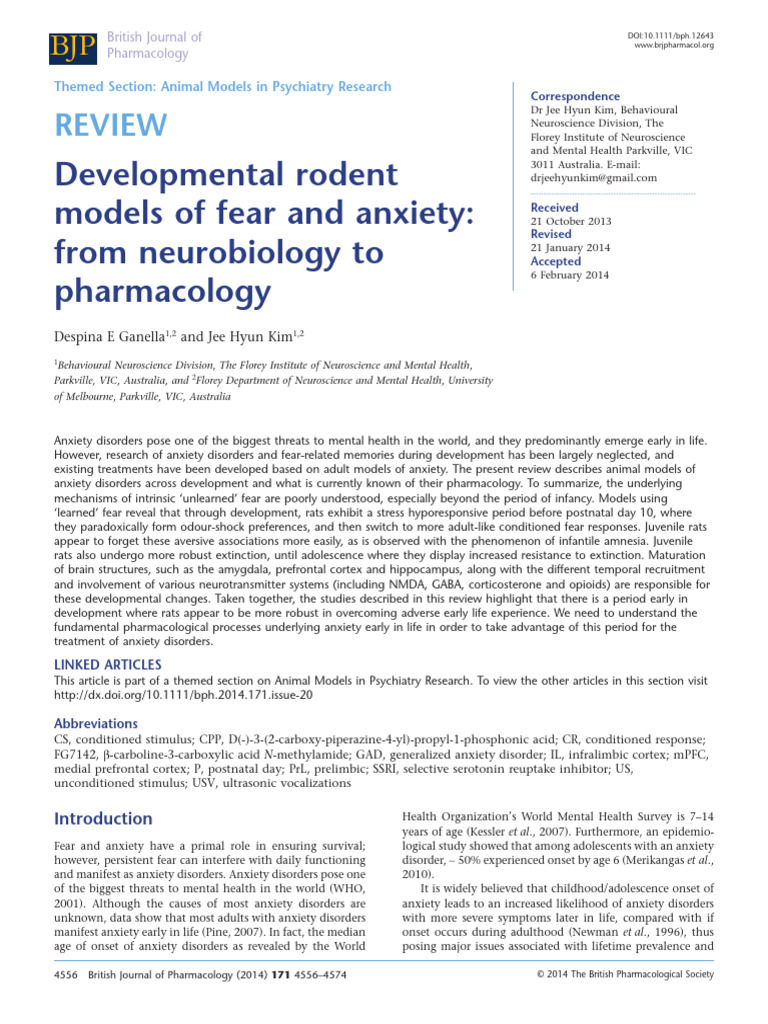 Developmental Rodent Models of Fear and Anxiety From Neurobiology To ...