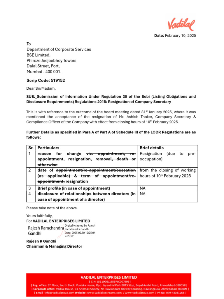 Vadilal Resign | PDF
