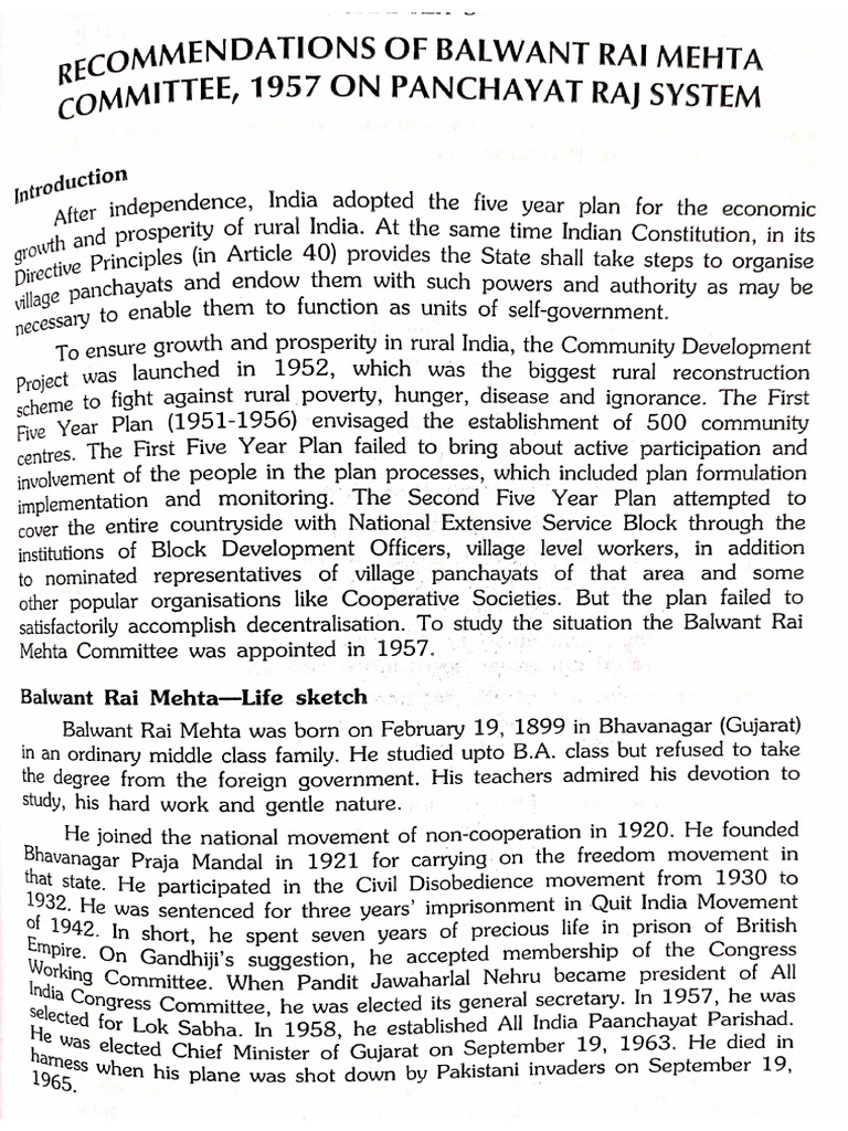 Balwant Rai Mehta Committee | PDF