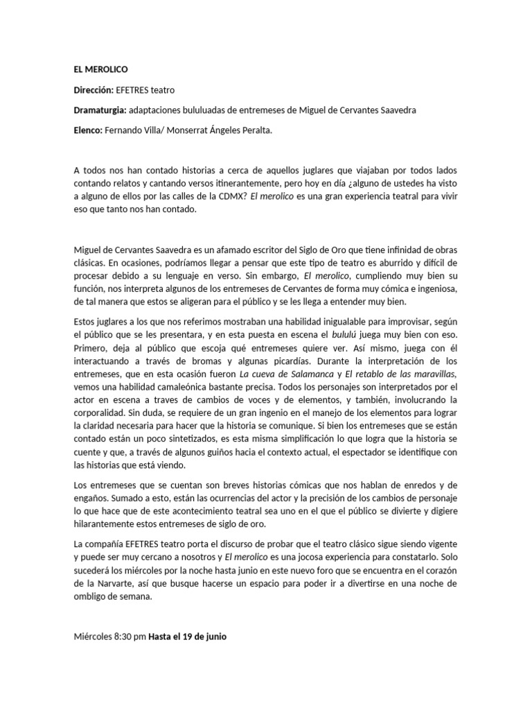 El Merolico: Teatro Cómico de Cervantes | PDF | Miguel De Cervantes