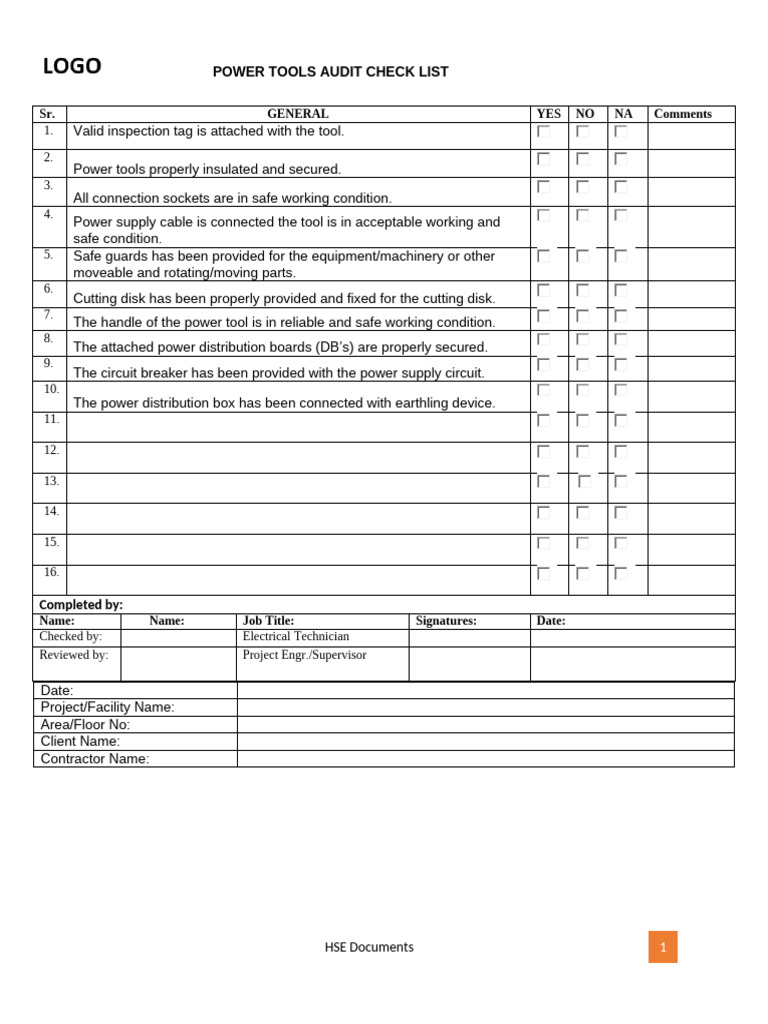 Power Tools Audit Checklist | PDF