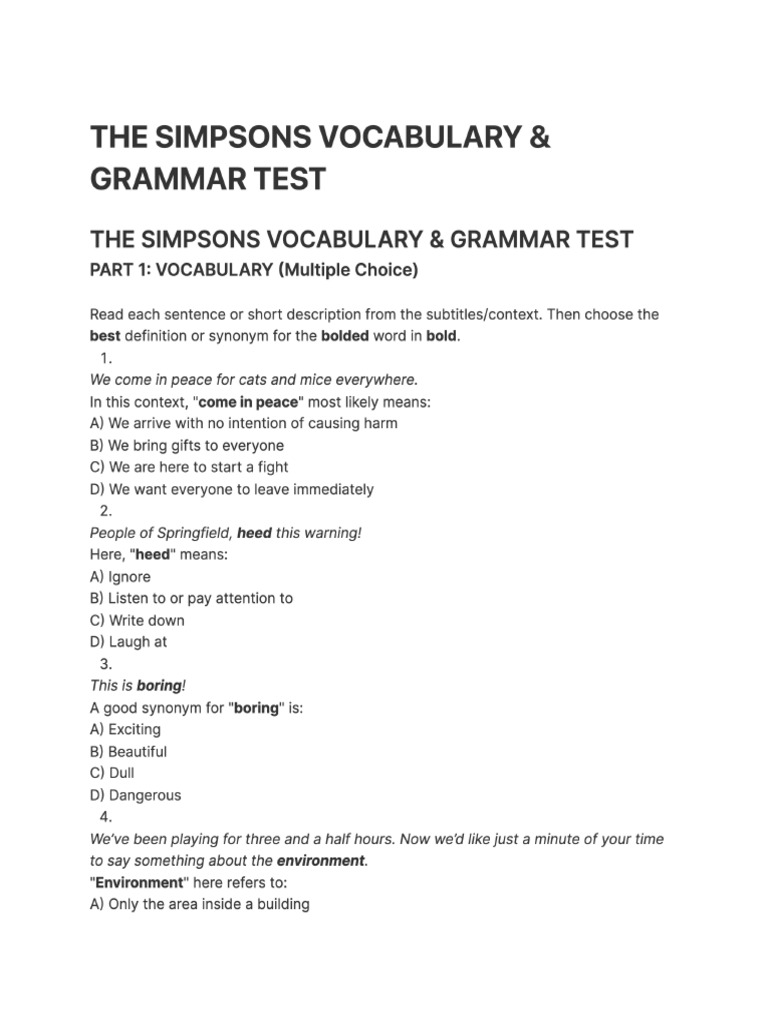 THE SIMPSONS VOCABULARY & GRAMMAR TEST | PDF