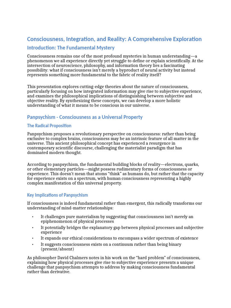 Consciousness Integration Presentation | PDF | Consciousness | Reality