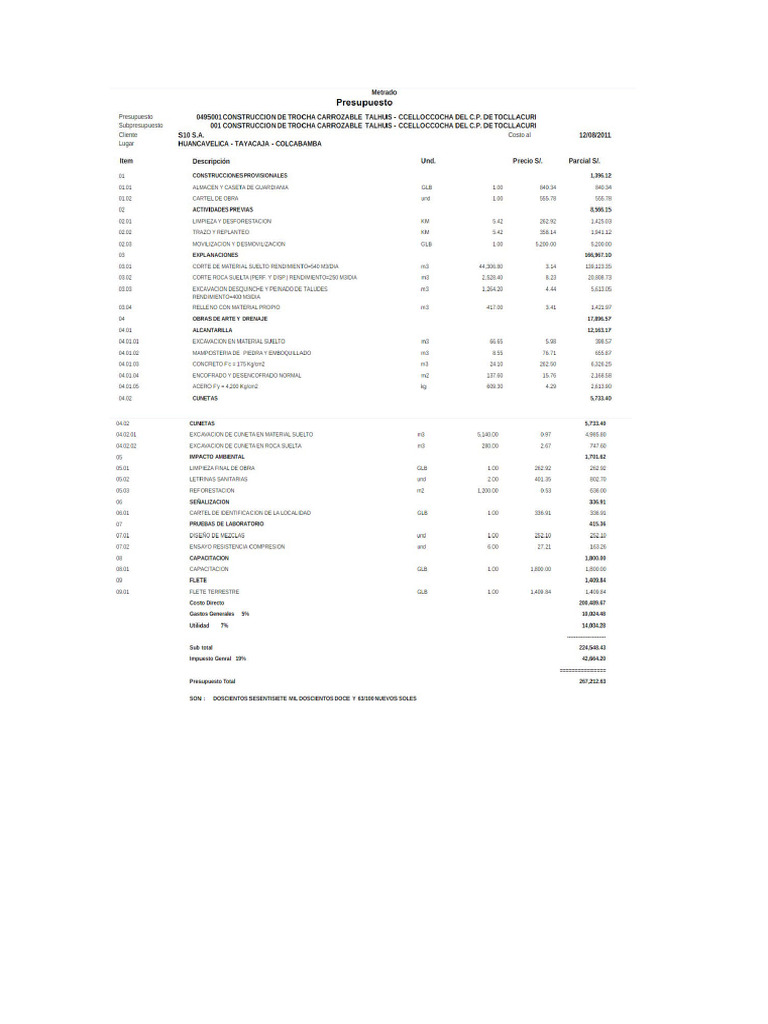 PRESUPUESTO TROCHA CARROZABLE | PDF