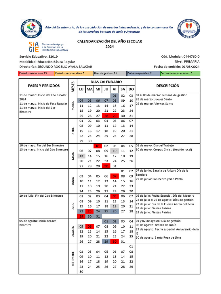 Calendarización Año Escolar 2024 - Primaria | PDF