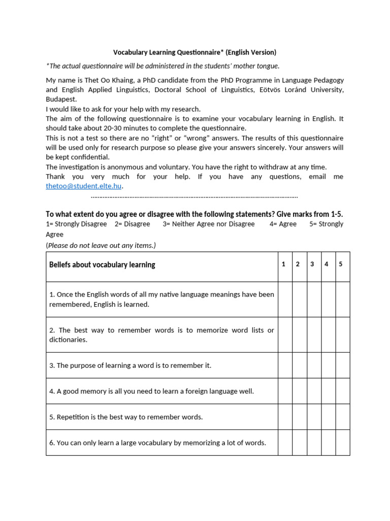 Vocabulary Learning Research Questionnaire | PDF | Semantics | Vocabulary