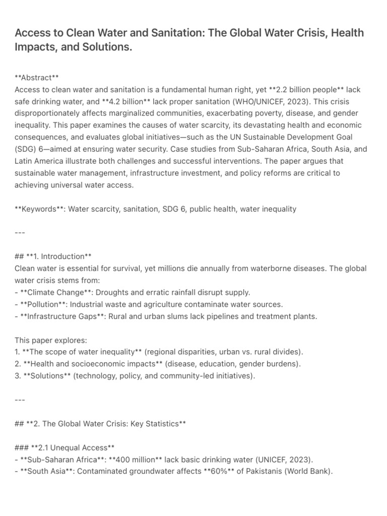 Access To Clean Water and Sanitation - The Global Water Crisis, Health ...