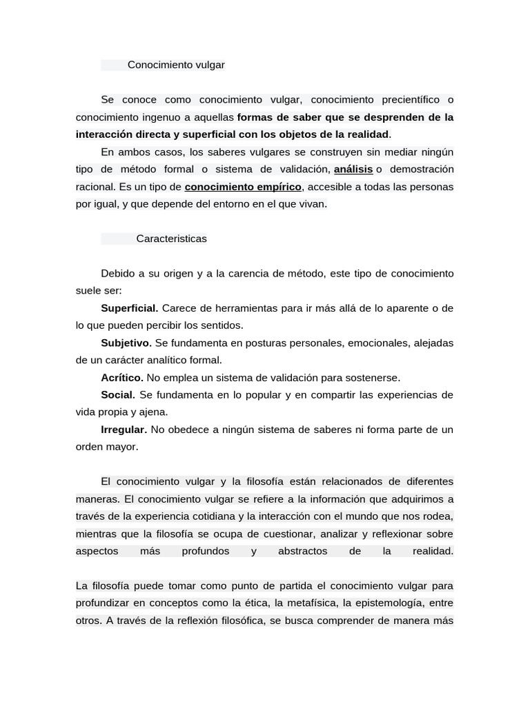 Conocimiento Vulgar | PDF | Conocimiento | Método científico