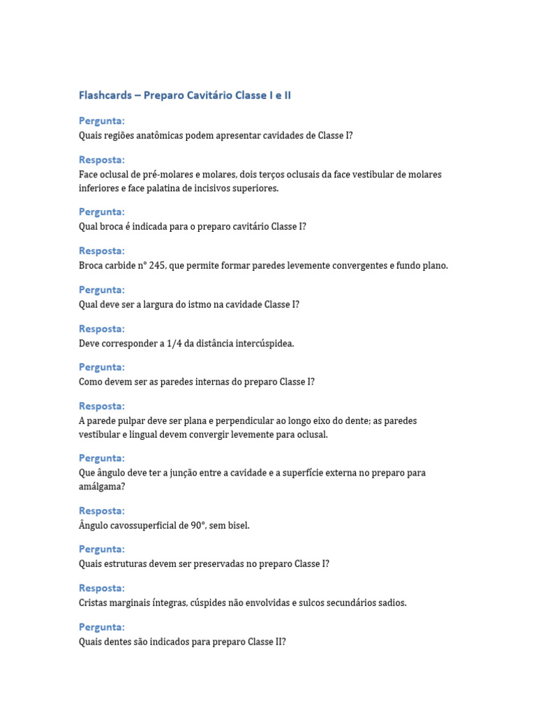 Flashcards Preparo Cavitario Classe I II | PDF
