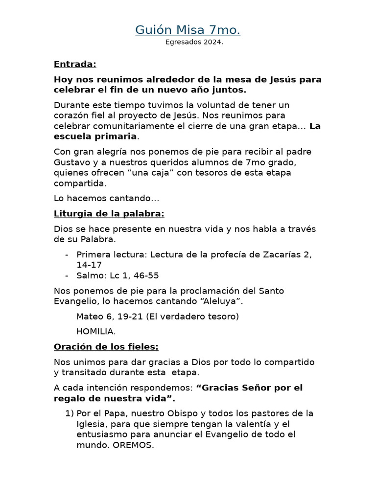 Guión Misa egreso 7mo | PDF
