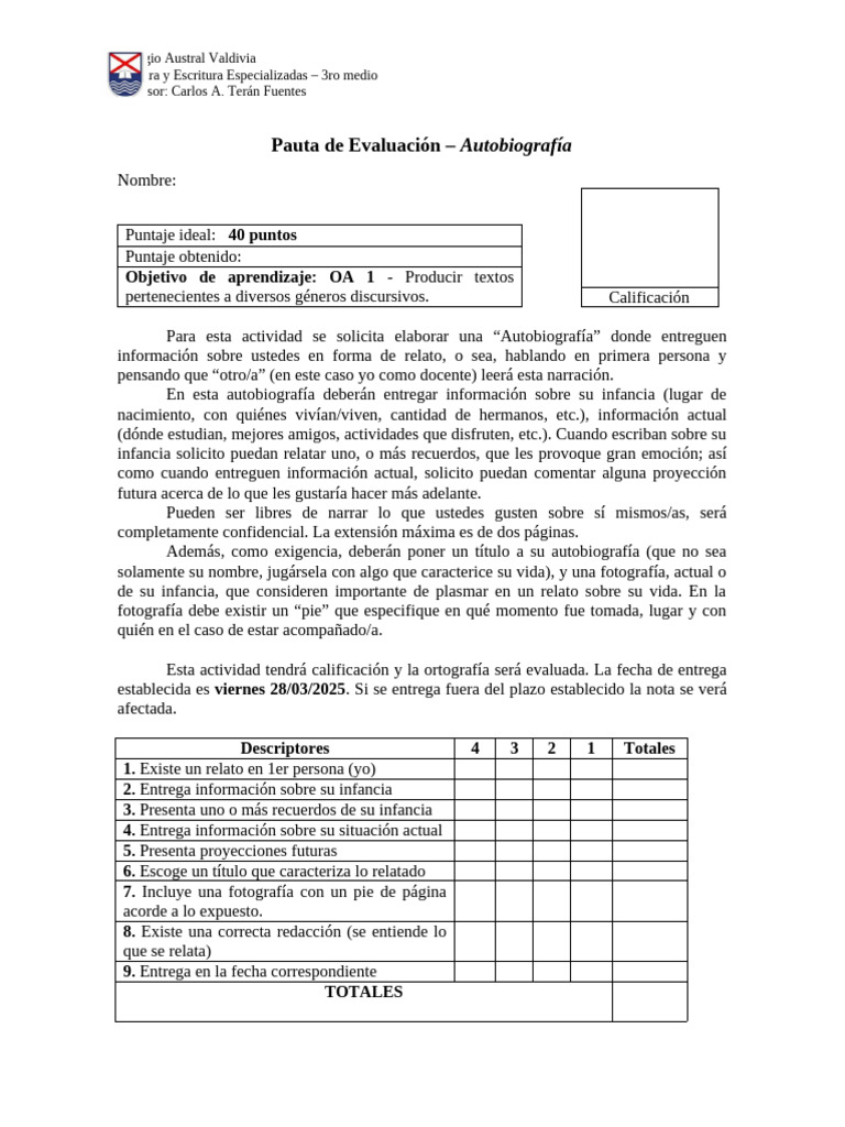 [Escritura 3ro] Pauta - Autobiografía | PDF