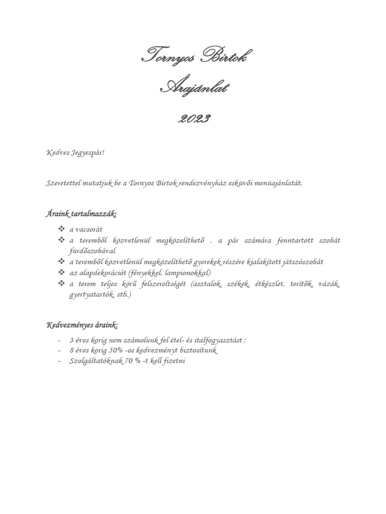 Tornyos Birtok 2023. Ajánlat | PDF