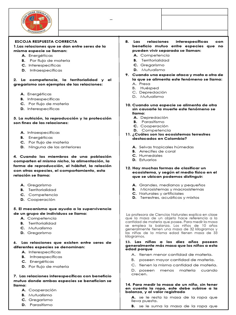Acumulativa de Ciencias Naturales TERCER PERIODO 3-03 | PDF ...