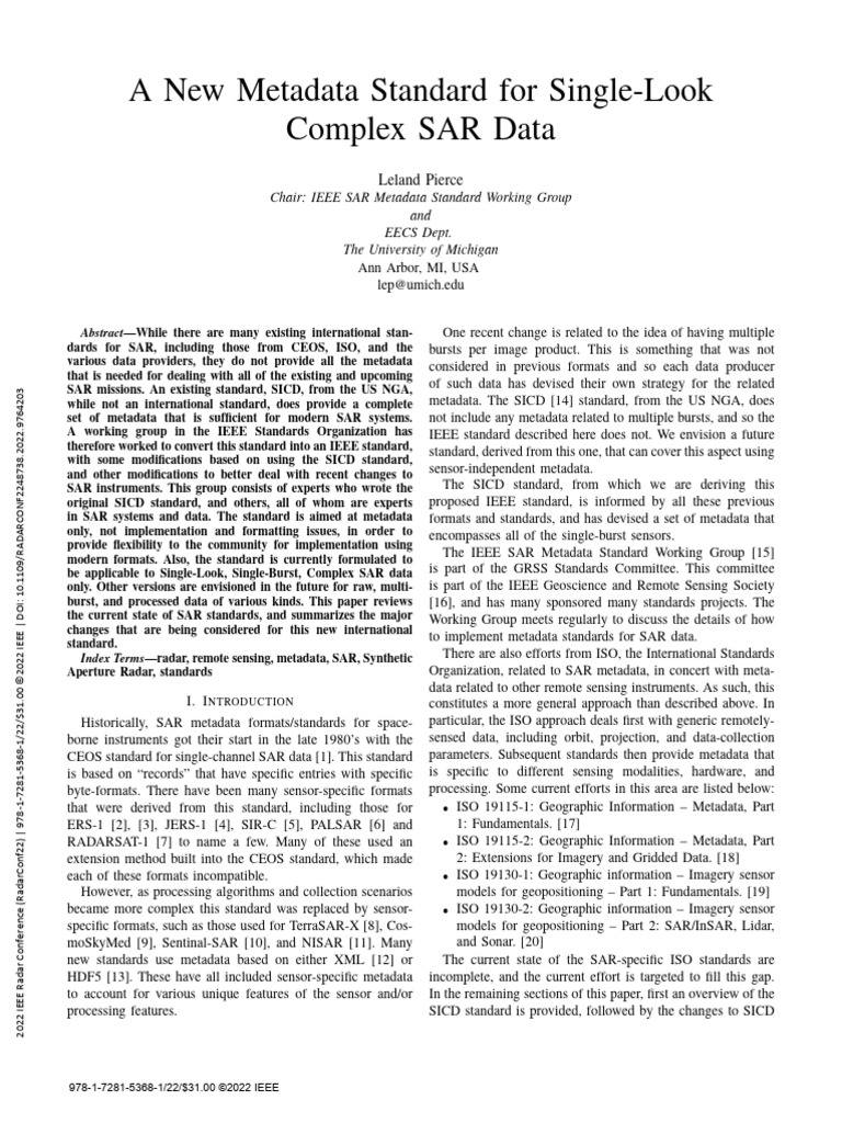 A New Metadata Standard For Single-Look Complex SAR Data | PDF ...