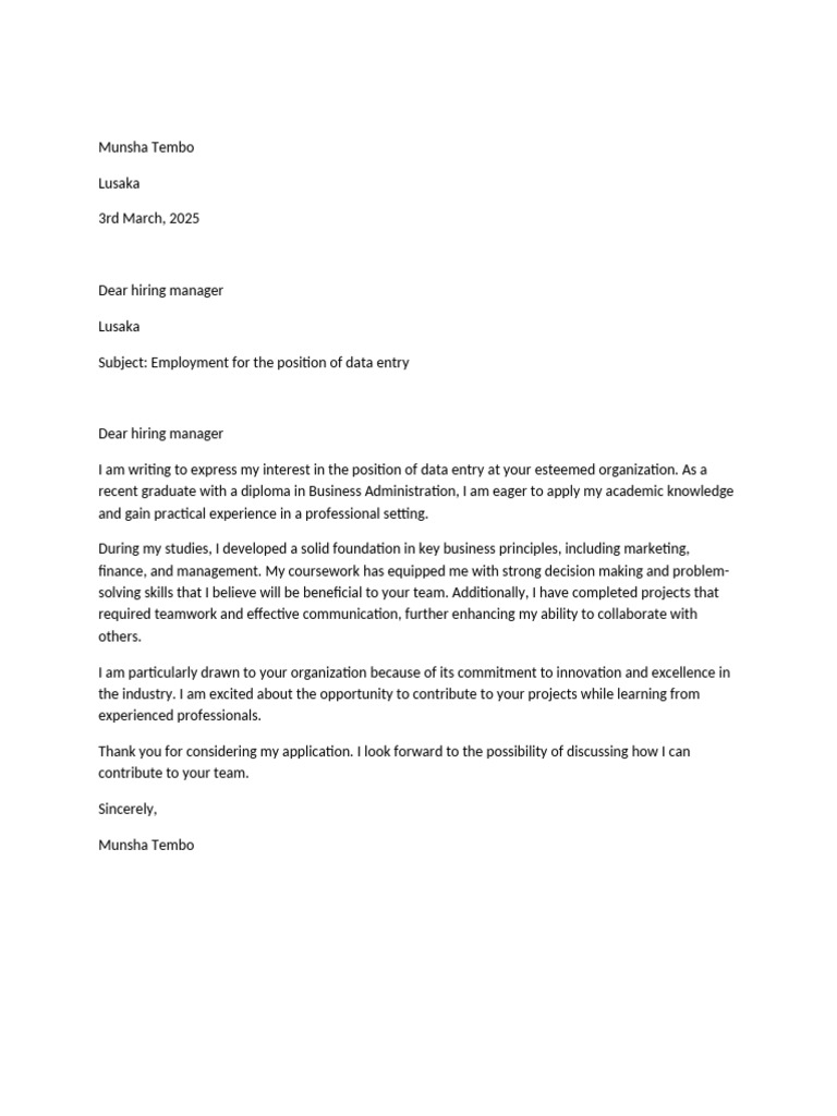 Munsha Tembo Application Data Entry | PDF