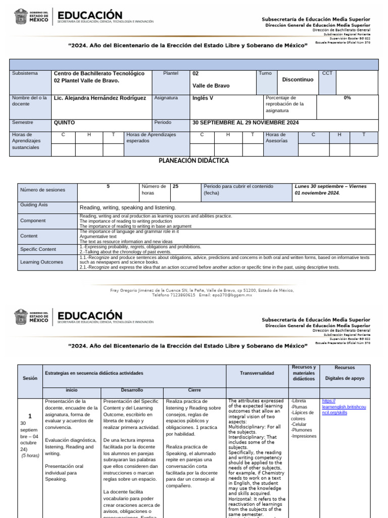 Planeación Didáctica Inglés V Bachillerato | PDF