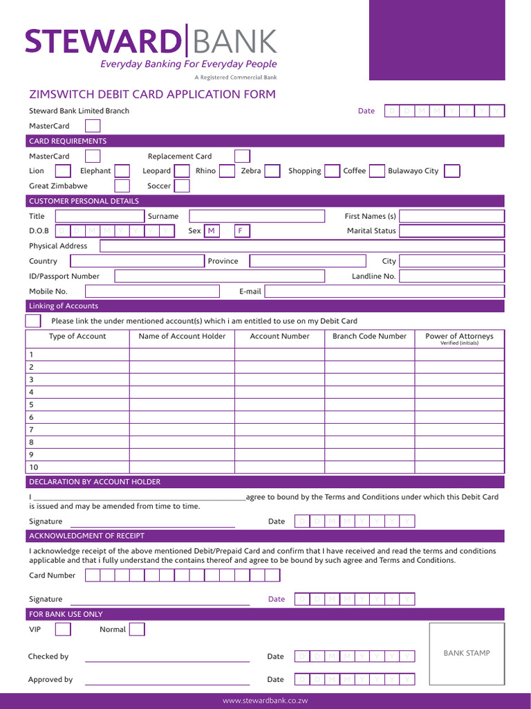 Steward Bank Debit Card Application Form | PDF | Banks | Debit Card