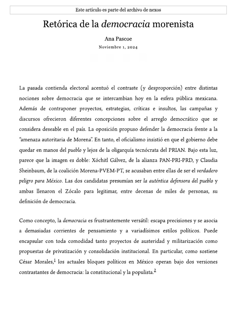 Retórica de La Democracia Morenista Ana Pascoe | PDF