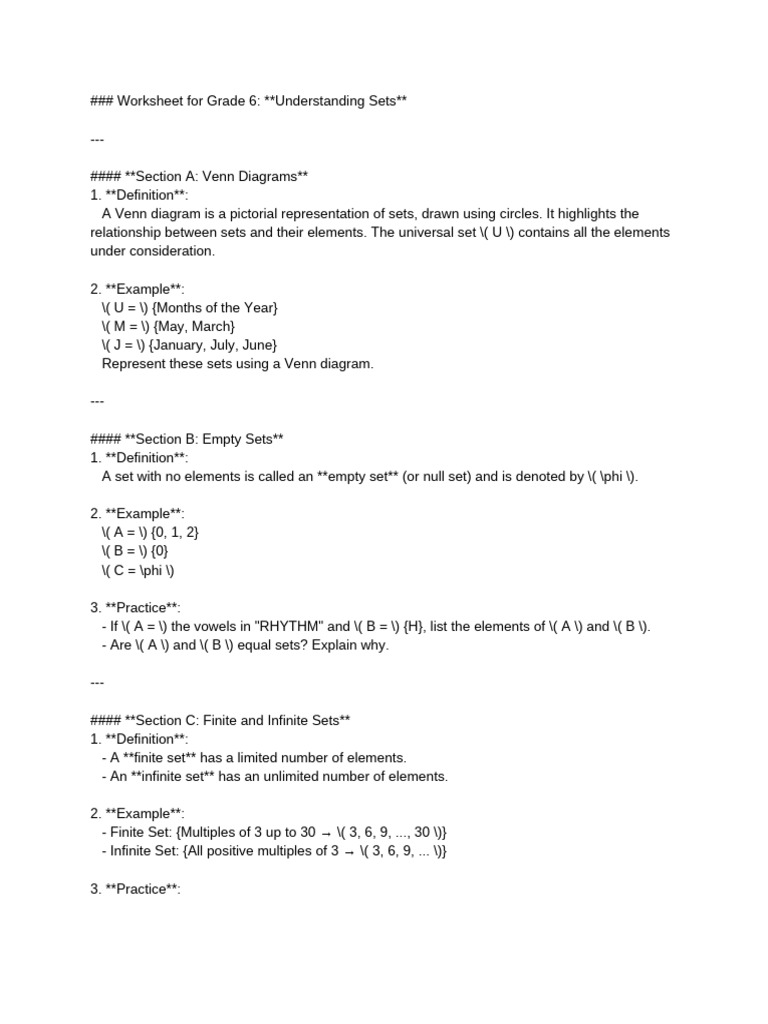 Worksheet For Grade 6 - Understanding Sets | PDF | Set (Mathematics ...