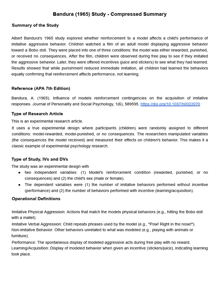 Bandura's 1965 Study on Aggression Imitation | PDF | Behavioural ...