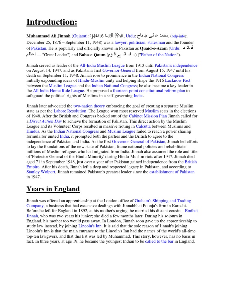 Introduction Quaid Azam | PDF | Muhammad Ali Jinnah | All India Muslim ...