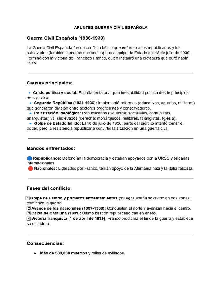 Causas y Consecuencias de la Guerra Civil Española | PDF