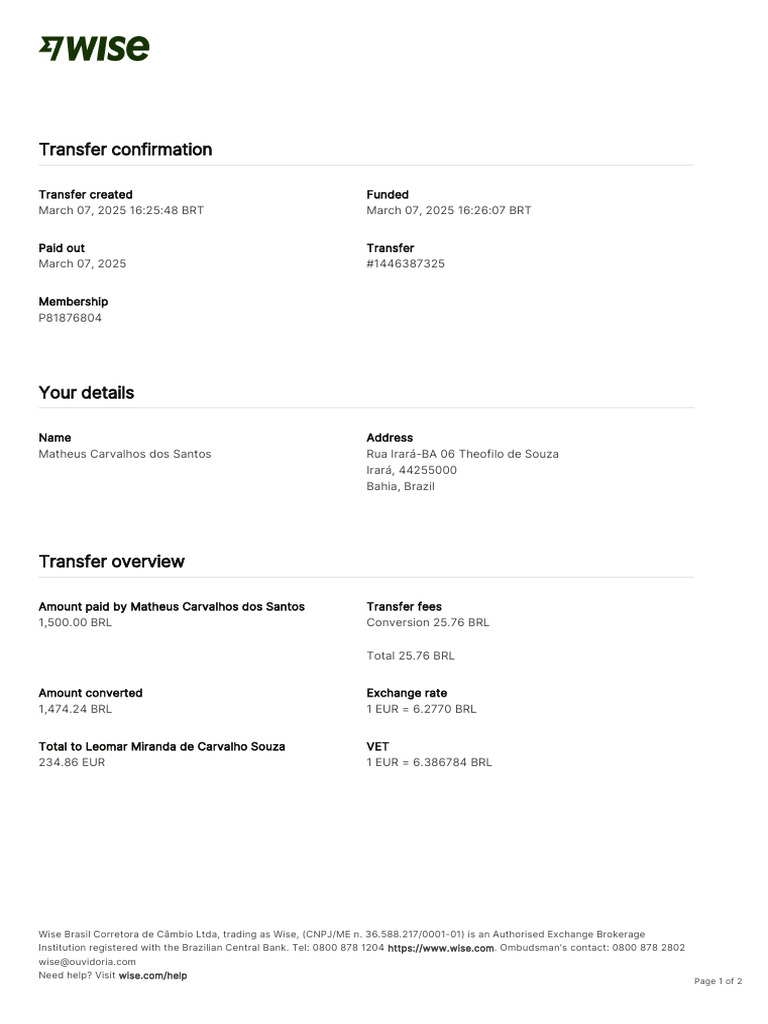 Wise Transaction Invoice Transfer 1446387325 4990024692 PT | PDF ...