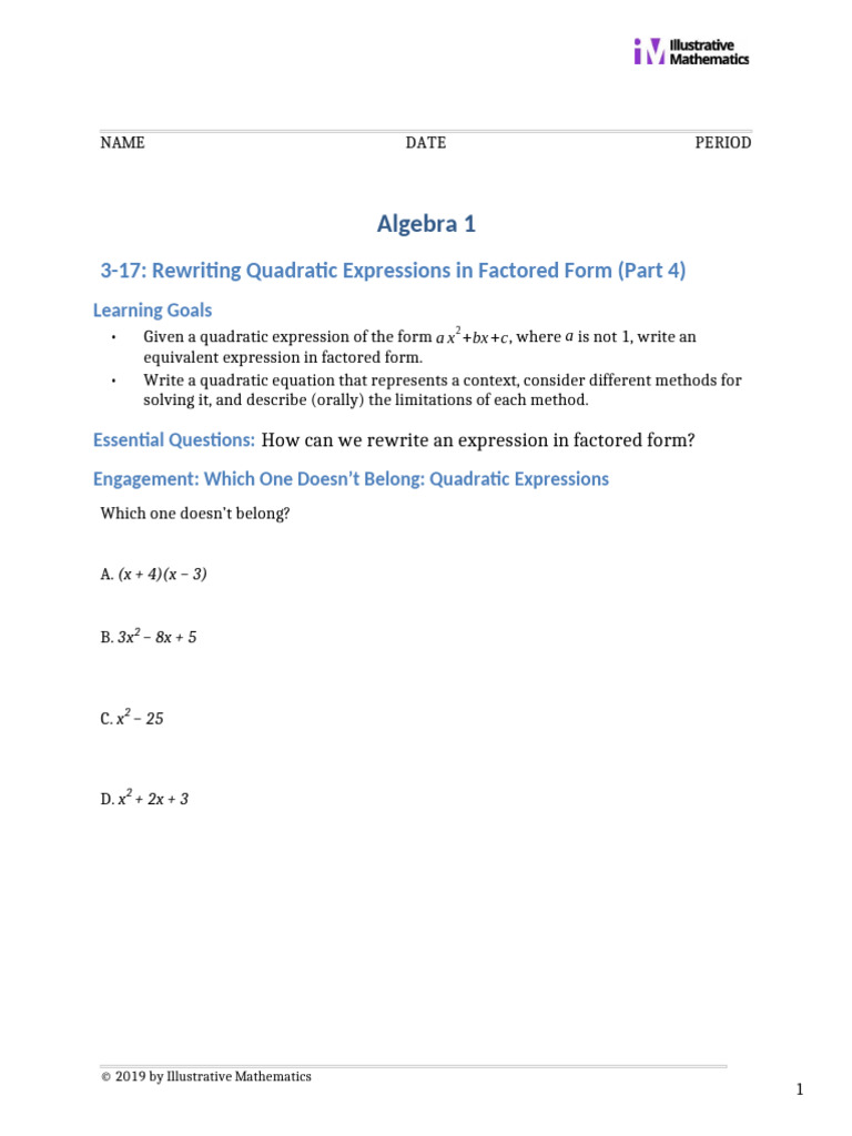Algebra 1- Lesson 3-17IM | PDF | Quadratic Equation | Equations