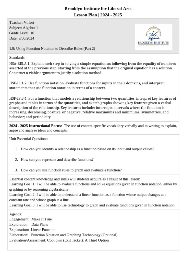 Algebra 1 Lesson Plan 1-9 IM | PDF | Function (Mathematics) | Equations