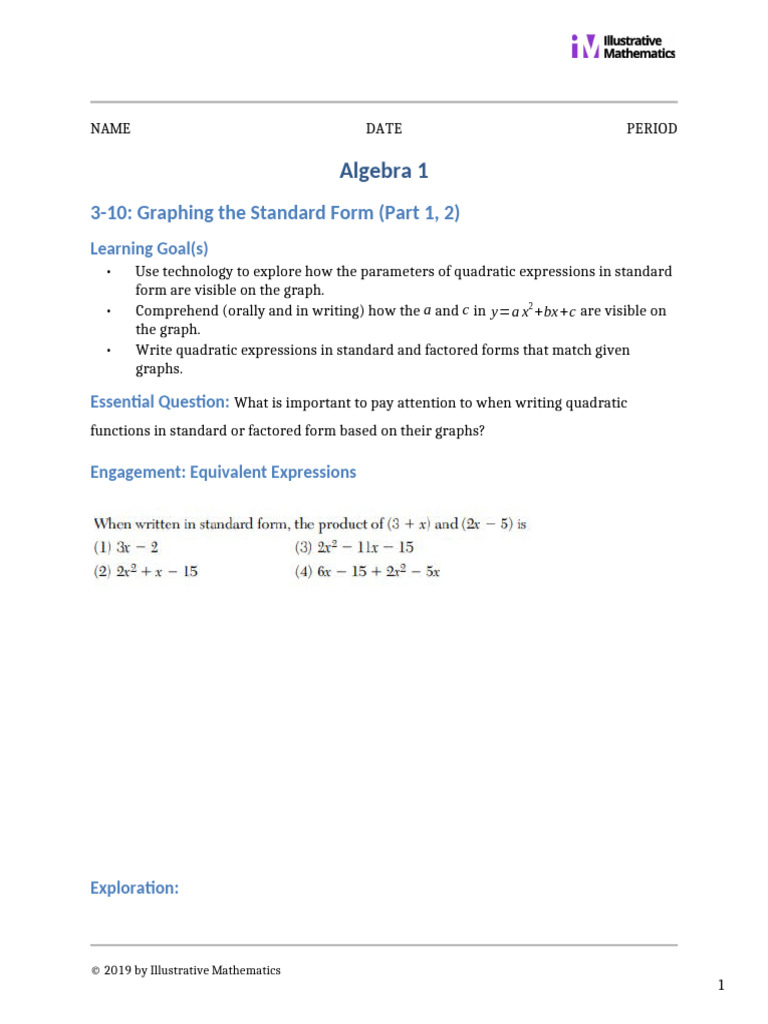 Algebra 1 Lesson 3-10IM | PDF | Quadratic Equation | Function (Mathematics)