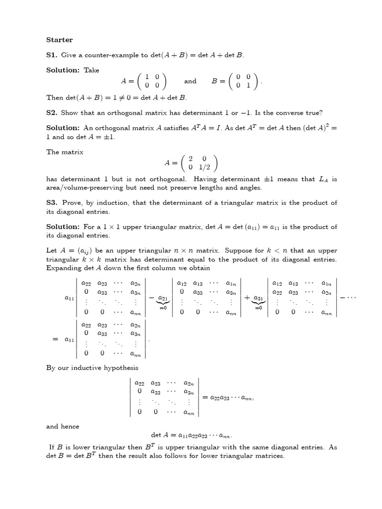 Sheet 1 Starter solutions | PDF | Determinant | Matrix (Mathematics)