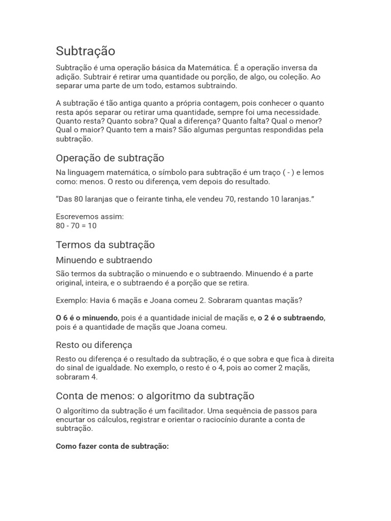 Propriedades e Algoritmo da Subtração | PDF | Subtração | Matemática