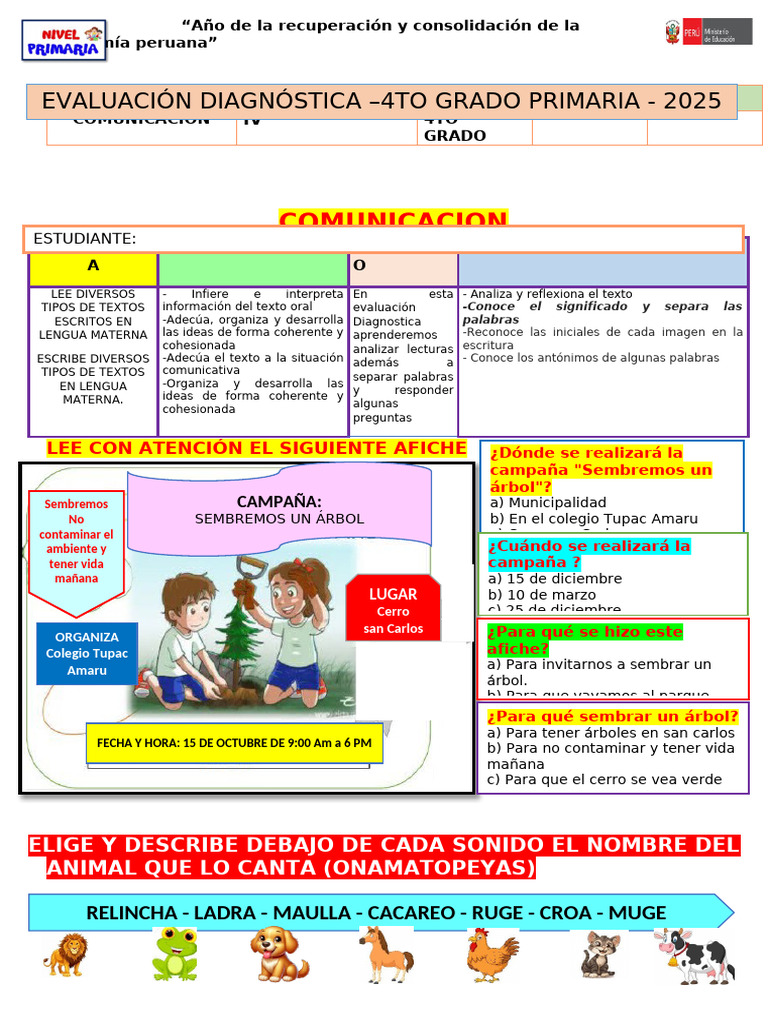 Examen Diagnóstico 4to Grado 2025 | PDF | Evaluación