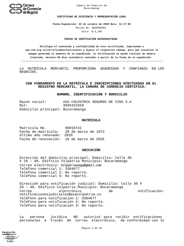 Certificado de Existencia y Representación Legal | PDF | Sociedad de responsabilidad limitada ...