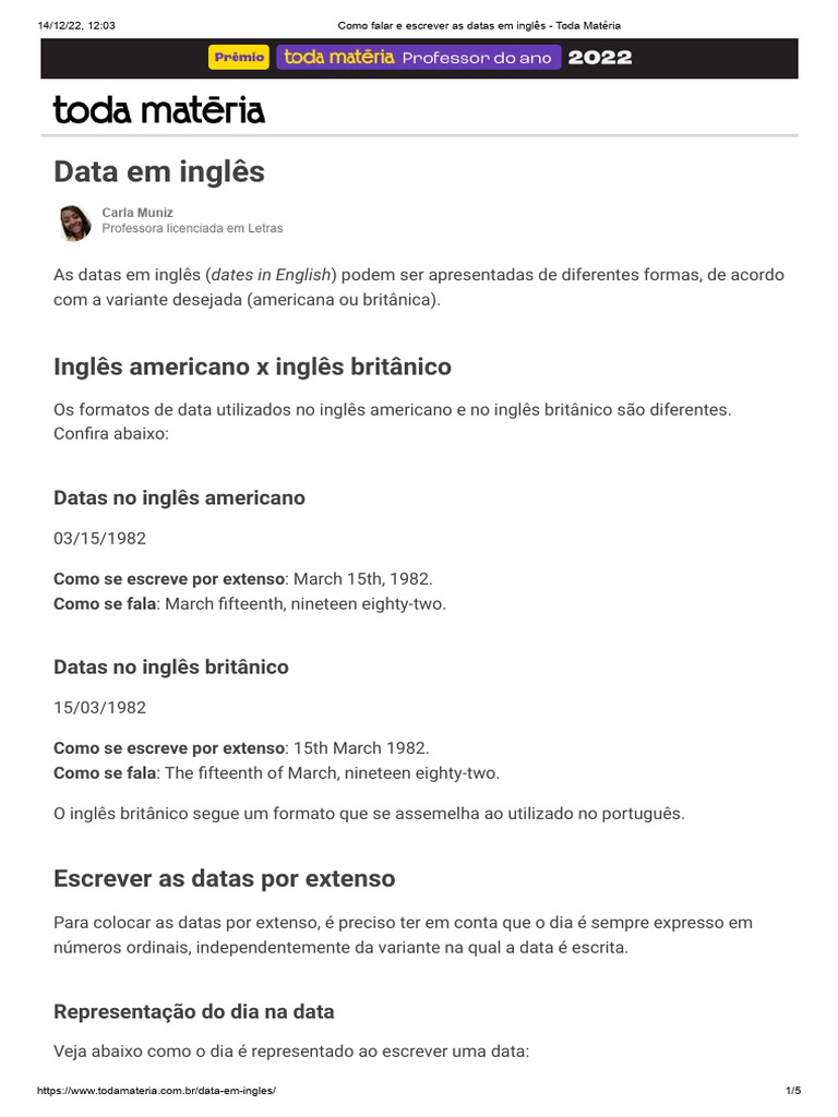 Como falar e escrever as datas em inglês - Toda Matéria | PDF | Línguas ...