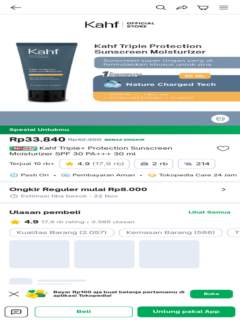 Jual Kahf Triple+ Protection Sunscreen Moisturizer SPF 30 PA+++ 30 Ml ...