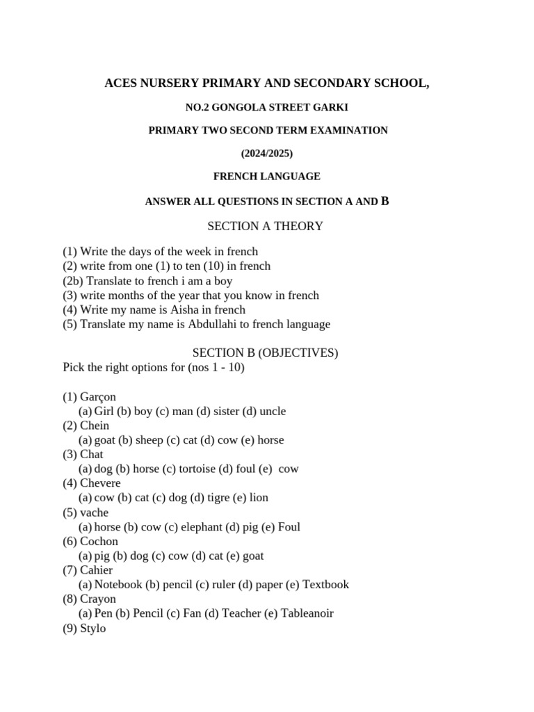 Aces Nursery Primary and Secondary School Primary 2 | PDF