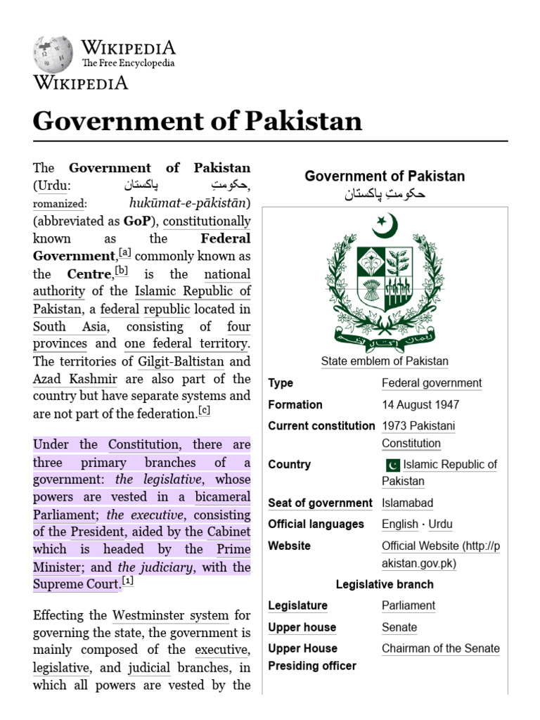 Government of Pakistan - Wikipedia | PDF | Government Of Pakistan ...